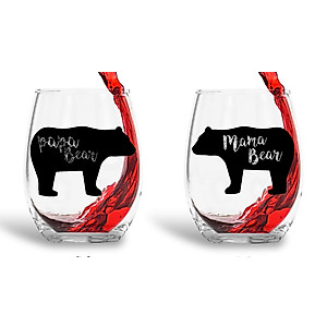 Mama Bear, Papa Bear - 15oz Crystal Wine Glasses - Couples Stemless Wine Glasses – His And Hers Gifts Ideas For Anniversary, Weddings, Bridal Showers