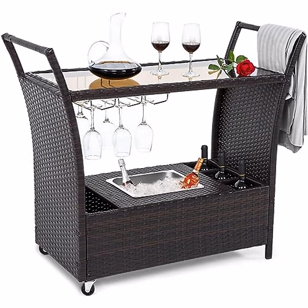 Seogwisam Outdoor Rolling Wicker Bar Cart,Rattan Serving Cart with Removable Ice Bucket,Glass Countertop,Goblet Wine Glass Holders and Storage Compartments, Wicker Bar Cart for Pool, Party, Backyard