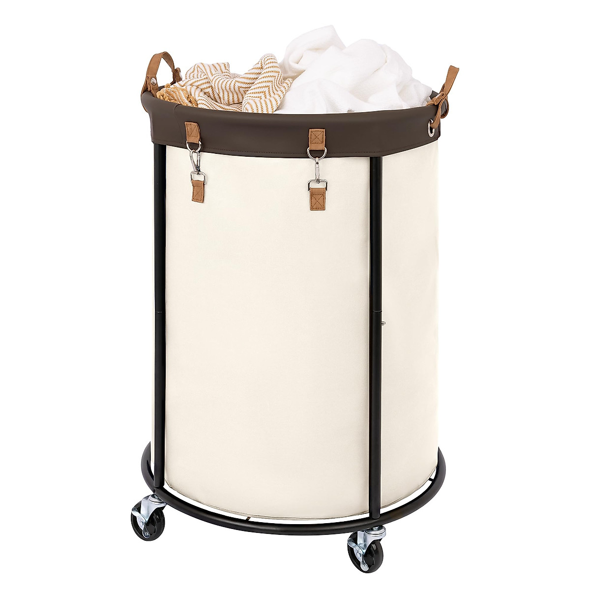 StorageWorks Laundry Basket with Wheels, 210L Extra Large Rolling Laundry Hamper, Round Laundry Cart with Steel Frame and Removable Bag, 4 Casters and 2 Brakes, Beige, 1-Pack