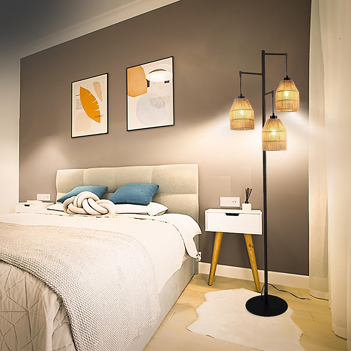 Rattan Floor Lamp for Living Room Bedroom 3-Lights Boho Tree Floor Lamps Modern Black Standing Lamp,Woven Hemp Rope Wicker 68"Tall Floor Light with Rotatable Farmhouse Foot Switch Rattan Tall Lamp