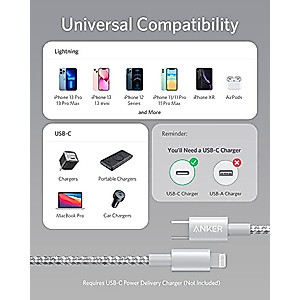 Anker Nylon USB C to Lightning Cable [10ft MFi Certified] for iPhone 13 13 Pro 12 Pro Max 12 11 X XS XR 8 Plus, AirPods Pro, Supports Power Delivery (Silver)