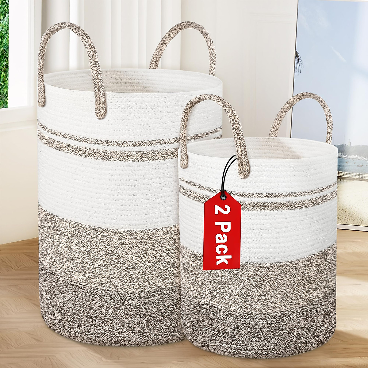 2 Pack Large Tall Rope Laundry Baskets, Cotton Laundry Hamper, Dirty Clothes Hampers Woven Basket, Blanket Basket Storage for Living Room, Dirty Clothes Baskets for Bedroom, Baby Room, 58L&28L Khaki
