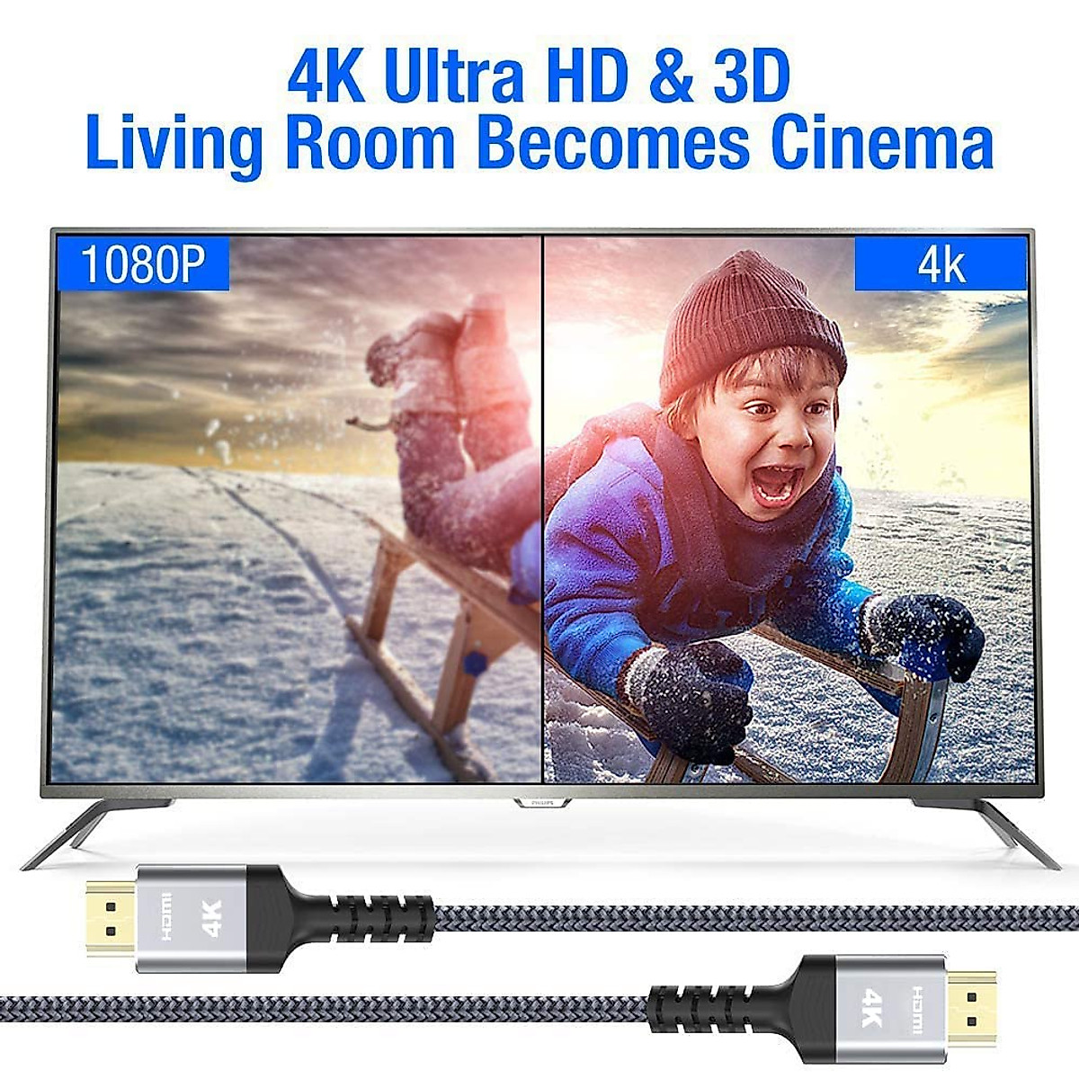 Highwings 4K 60HZ HDMI Cable 6.6FT, 18Gbps High Speed 2.0 Braided Cord-Supports (4K 60Hz HDR,Video 4K 2160p 1080p 3D HDCP 2.2 ARC-Compatible with Ethernet Monitor PS 4/3 HDTV 4K Fire Netflix