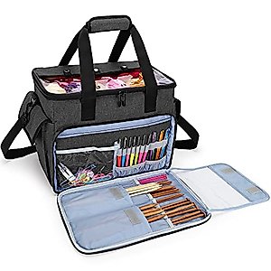 CURMIO Knitting Bag, Yarn Storage Tote with Compartments for Knitting Needles, Crochet Hooks, Knitting Project and Accessories, Bag Only, Black