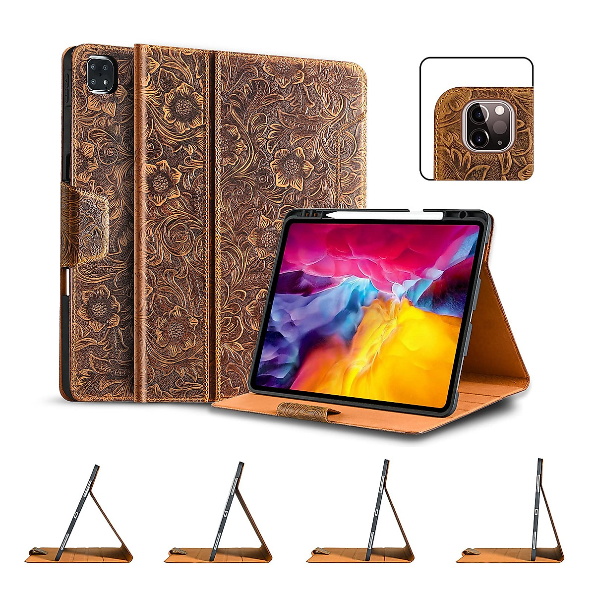 Gexmil Case for iPad Pro 11 Inch,4th/3rd/2nd/1st Generation(2022/2021/2020/2018) Genuine Leather Cover with Pencil Holder,Cowhide Folio Cover,Auto Sleep/Wake Magnetic Closure,Flower Brown