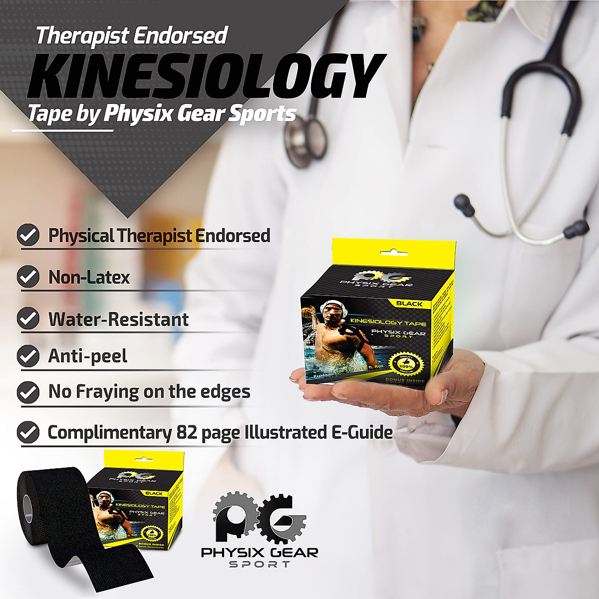 Physix Gear Kinesiology Tape Pro - Waterproof Physio Sports Tape for Pain & Injuries, Pregnancy, Muscle, Knee, Joint Support, Swelling, Strain Relief, Enhanced Blood Circulation (Black, 1 Roll)