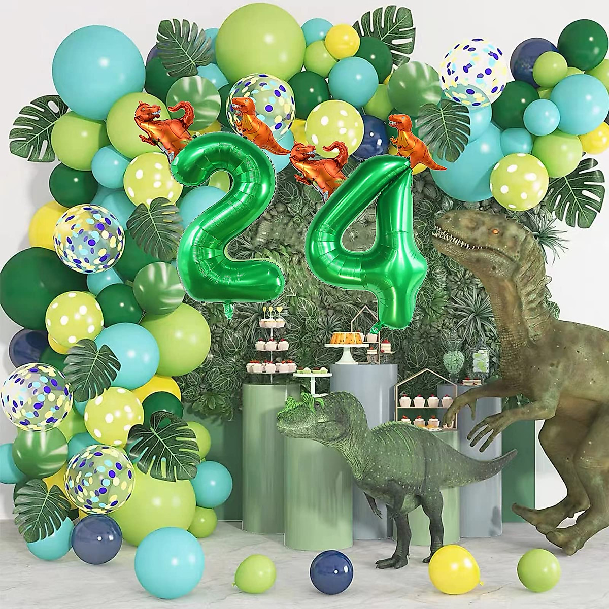 40 Inch Green Number 2 & 2 Pcs Mini Dinosaur Balloon for Boys Birthday Party Decorations, 2nd Birthday Dinosaur Party Supplies, Green Jungle Dinosaur Theme Birthday Party Balloons Decorations