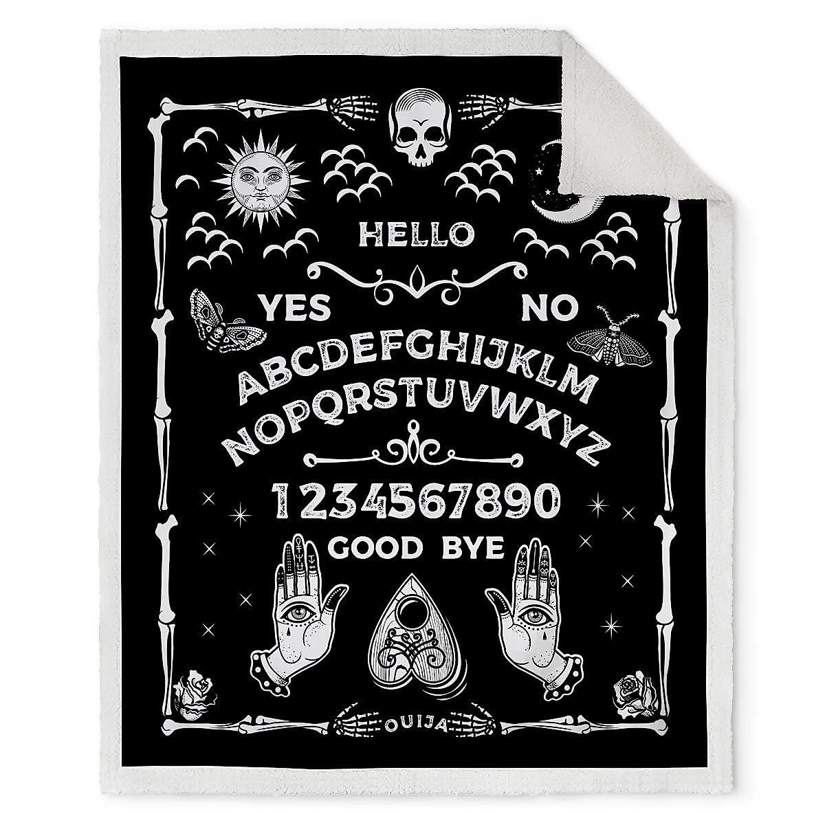 Jekeno Ouija Board Blanket Gifts for Women Men Kids Girls Boys Teen Witch Halloween Christmas Birthday Present Decor Home Soft Cozy Plush Skull Sun Moon Spooky Sherpa Throw 50"x60" Black