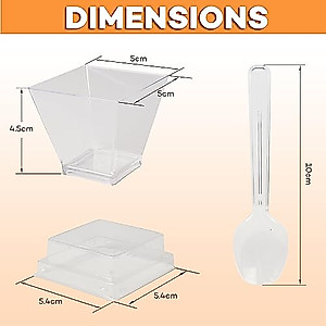 CAMARAAA Pack of 100 x 3 oz Mini Dessert Cups with Spoons and Lids, Square Tall Clear Plastic Parfait Appetizer Cup Small Reusable Serving Bowl for Party Desserts Appetizers