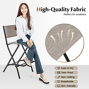 COSTWAY Outdoor Patio Bar Chair Set of 6, Folding Bar Height Stool with Metal Frame & Footrest, Patio Bar Stool for Balcony, Garden & Poolside (6, Coffee)