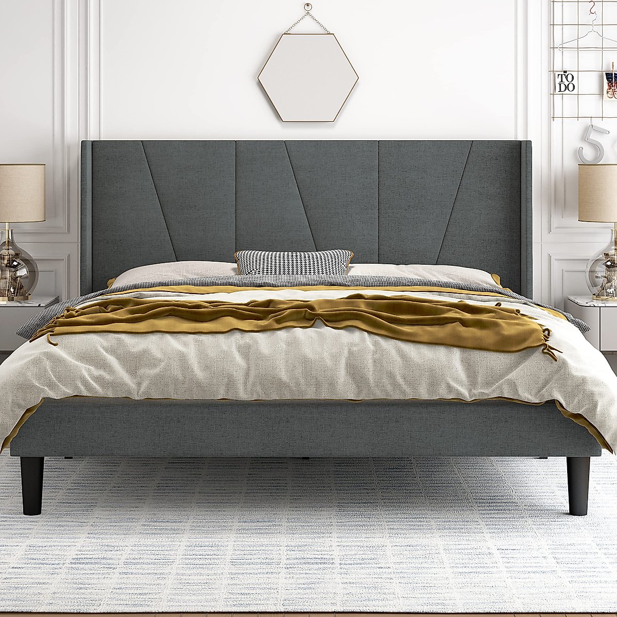 HOOMIC King Size Platform Bed Frame with Geometric Wingback Headboard, Wooden Slats Support, No Box Spring Needed, Modern Style in Dark Grey