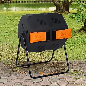 Outdoor Compost Tumbling Bin 43 Gallon Large Dual Chamber Sliding Doors Composter Steel Frame Garden Tumbling Rotating Composting Bins 360° Compost Tumbler Bucket Trash Can for Patio Yard (Black)