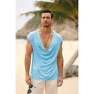 PASLTER Mens Tank Tops Sleeveless T Shirts Deep V Neck Loose Casual Summer Beach Basic Tank Shirts Blue