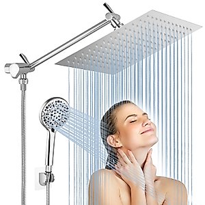 Rain Shower Head with Handheld, Lanhado 12'' High Pressure Rainfall Shower Head with 11'' Extension Arm, 9 Settings Handheld Shower Heads with Holder & Hose, Anti-leak Waterfall Showerhead, Chrome