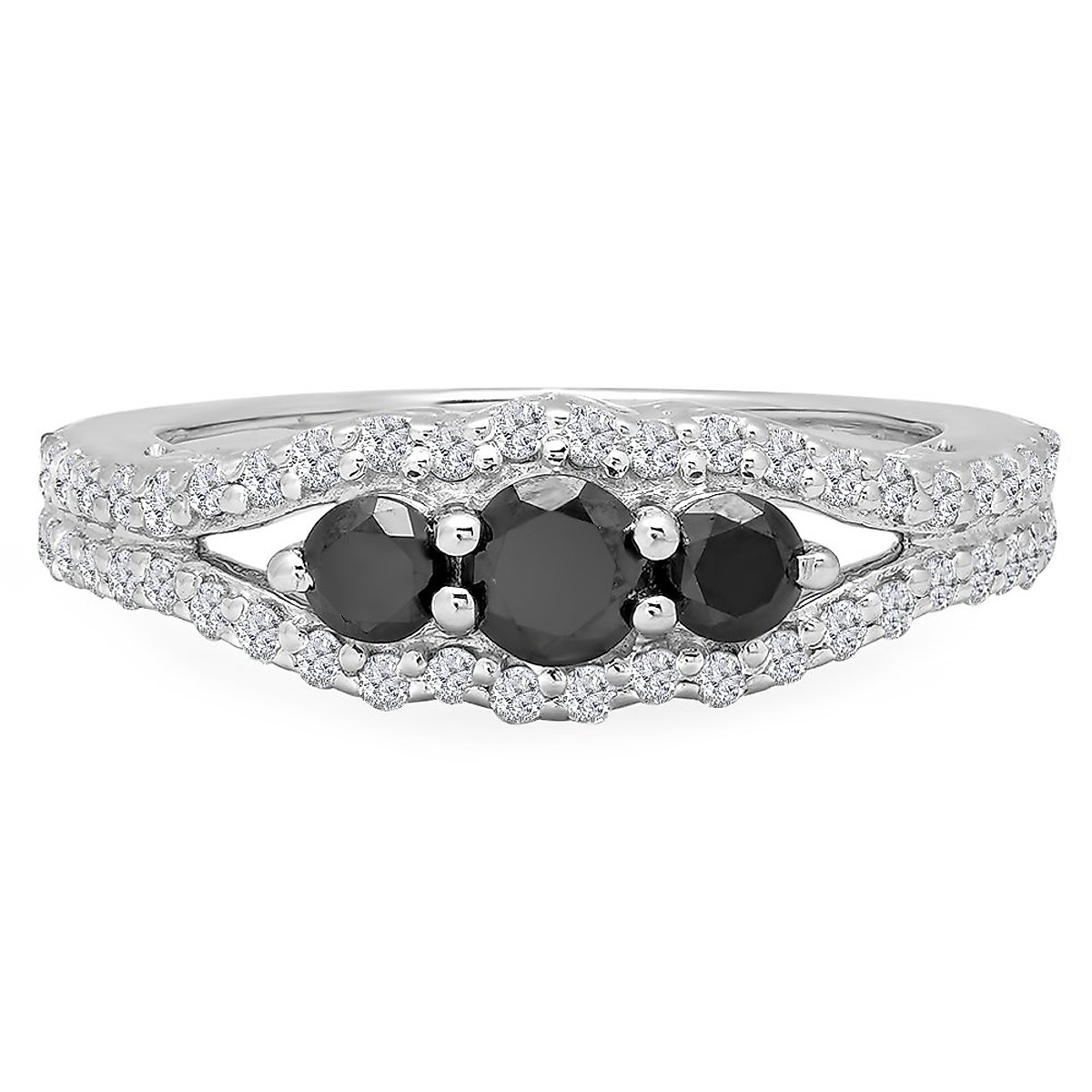 Dazzlingrock Collection 1.25 Carat (ctw) Round Black & White Diamond Women 3 stone Engagement Bridal Ring 1 1/4 CT, Sterling Silver, Size 8