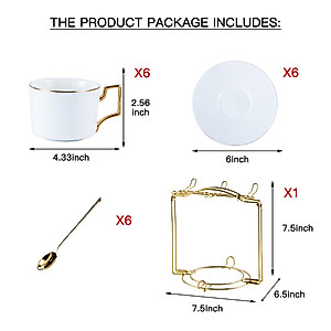 CHILDIKE Ceramic Demitasse Espresso Cups Set with Saucers and Metal Stand, 7 oz Porcelain Stackable Cappuccino Cups for Tea, Latte, Coffee, Cafe Mocha, Set of 6, Matte White