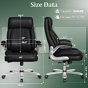 NexHut Office Chair, Ergonomic Desk Chair, 500lbs Heavy Duty Executive Leather Chair with Adjustable Lumbar Support, Flip-up Arms, Wide Thick Seat, High Back Comfy Computer Chair for Back Pain
