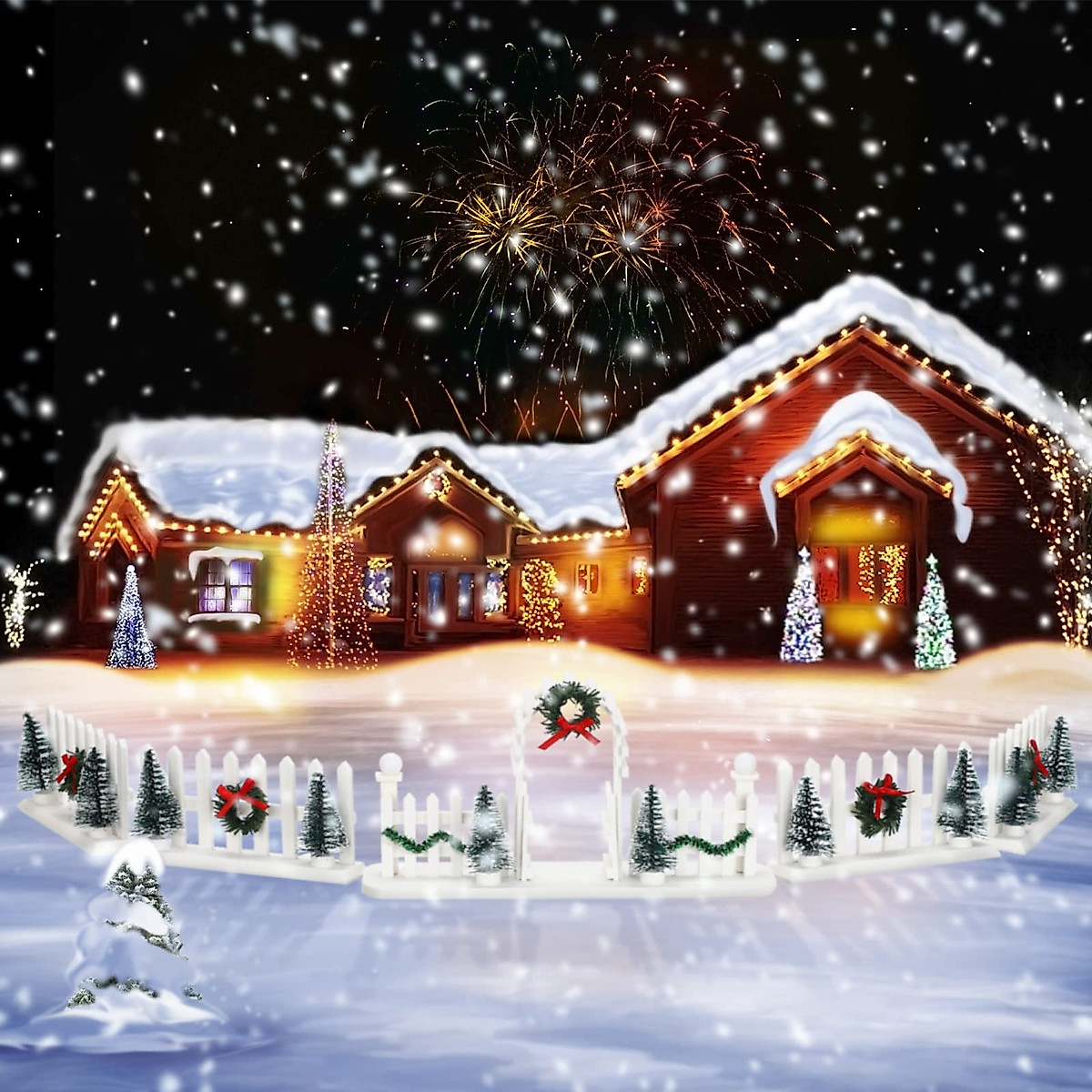 5 Pcs Christmas Village Decorative Fences Entry Gate Lit Figurine Christmas Wreath Tree Picket Fence Snow Accessories for Village Collections Snow Fence Figurine（White Series）