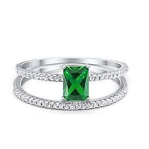 Blue Apple Co. Art Deco Two Piece Wedding Engagement Bridal Set Radiant Simulated Green Emerald CZ 925 Sterling Silver Size-8