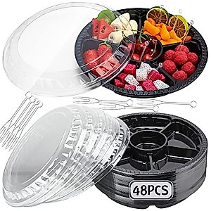 Mimorou 48 Pcs Round Plastic Veggie Tray with Lid, Disposable Serving Tray, Fruit 6 Sectional Appetizer Lid & Forks, Catering Trays for Snack Party Buffet