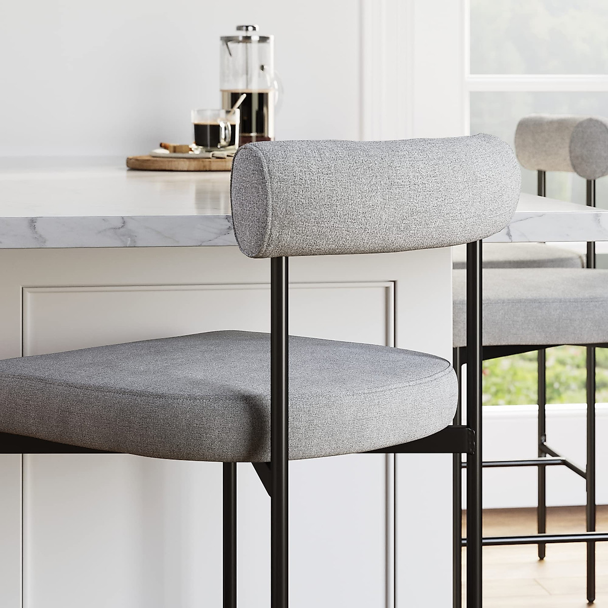 Nathan James Dahlia Counter Height Chair, Modern Barstool with Back, Mid-Century Metal Legs and Padded Cushion for Kitchen, Island and Bars, Light Grey/Black