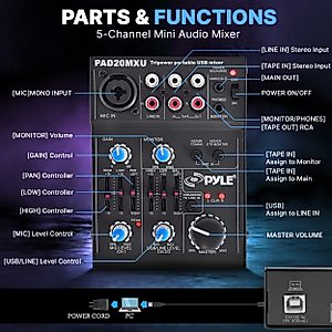 Pyle 5 Channel Audio Mixer - DJ Sound Controller Interface with USB Soundcard for PC Recording, XLR 3.5mm Microphone Jack, 18V Power, RCA Input and Output for Professional and Beginners -PAD20MXU
