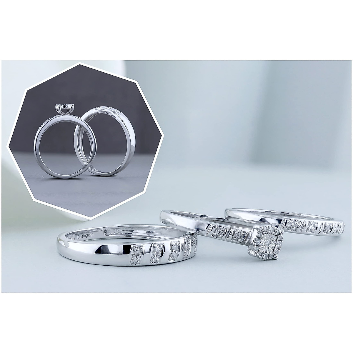 Dazzlingrock Collection White Diamond Halo Illusion Wedding Trio Ring Set For Men & Women (0.10 ctw, Color I-J, Clarity I2-I3) in 925 Sterling Silver, Women size 7 and Men size 10