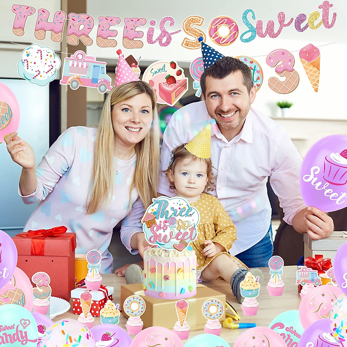 Three is So Sweet Ice Cream Birthday Party Decorations, Three is So Sweet Party Banner Cake Cupcake Toppers Macaron Balloons for Ice Cream/Donut Theme Third Birthday Girls Ice Cream 3rd Birthday Party