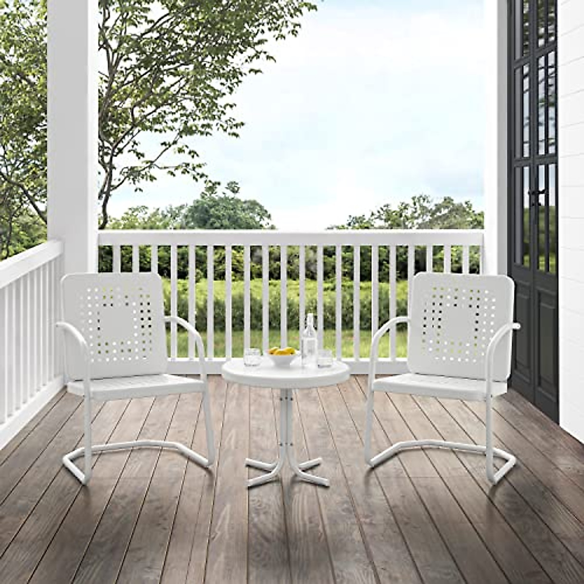 Crosley Furniture KO10019WH Bates 3-Piece Retro Metal Outdoor Seating Set with Side Table and 2 Chairs, White Gloss and White Satin
