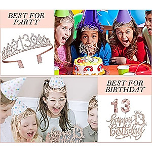 8pcs 13 Birthday Decorations for Girls, Including 13th Happy Birthday Cake Toppers, Birthday Queen Sash with Pearl Pin, Sweet Rhinestone Tiara Crown, Number Candles and Balloons Set, Rose Gold