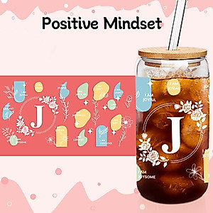 Initial Glass Cups with Lids and Straws, Personalized Gifts for Women 18 oz Iced Coffee Cup Glass Tumbler, Cute Glass Cups Inspirational Birthday Christmas Gifts for Women Girls (J)