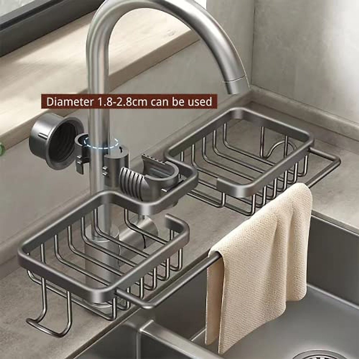 LuLusmoda Kitchen Sink Rack Faucet Sponge Holder Over The Sink Organizer Faucet Rack with Hook，A Free Dish Cloth Note：Round Pipe with Diameter 0.7-1.1 Inchs Can Be Used(Aluminum，Double,Elegant Gray