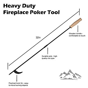 Fire Poker for Fire Pit,Rust Resistant Black Finish Solid Steel Fireplace Poker, Multi Use Tip Fire Pit Accessories for Fireplace Camping Wood Stove Indoor and Outdoor