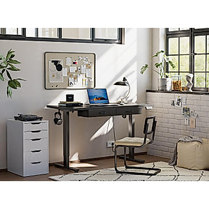 FEZIBO Adjustable Height Electric Standing Desk with Double Drawer, 48 x 24 Inches Stand Up Home Office Desk with Splice Tabletop, Black Frame/Black Top