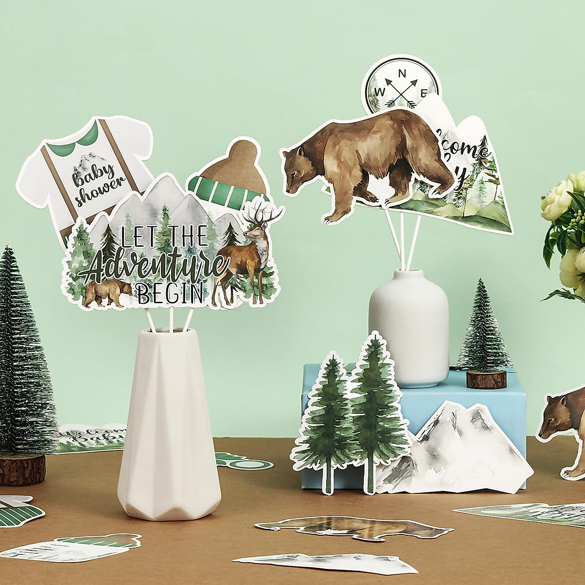 24 Set Adventure Baby Shower Centerpiece Sticks Let the Adventure Begin Baby Shower Decorations Adventure Table Decorations for Woodland Forest Mountain Adventure Baby Shower Party Supplies