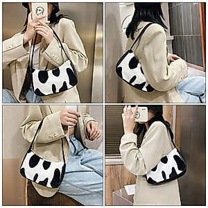 VALICLUD Shoulder Bag for Women Mini Furry Handbag Underarm Purse Cow Print Clutch Bag Faux Fur Purse