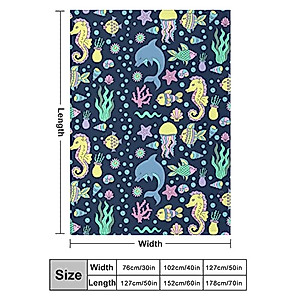 Doodles Underwater Sea Horse Dolphin Throw Blanket for Couch Bed Flannel Lap Blanket Lightweight Cozy Plush Blanket for All Seasons 50"x70"