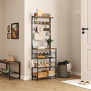 HOMEFORT Coat Rack with Shoe Storage, 5-Tier Shoe and Coat Rack with 9 Clothes Hooks, Freestanding Hall Tree Organizer for Entryway, Bedroom, Rustic Brown