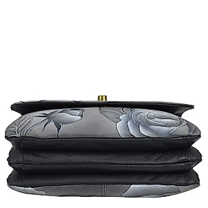Anna by Anuschka Women's Genuine Leather Triple Compartment Flap Crossbody Bag - Hand Painted Original Artwork Exterior - Romantic Rose Black