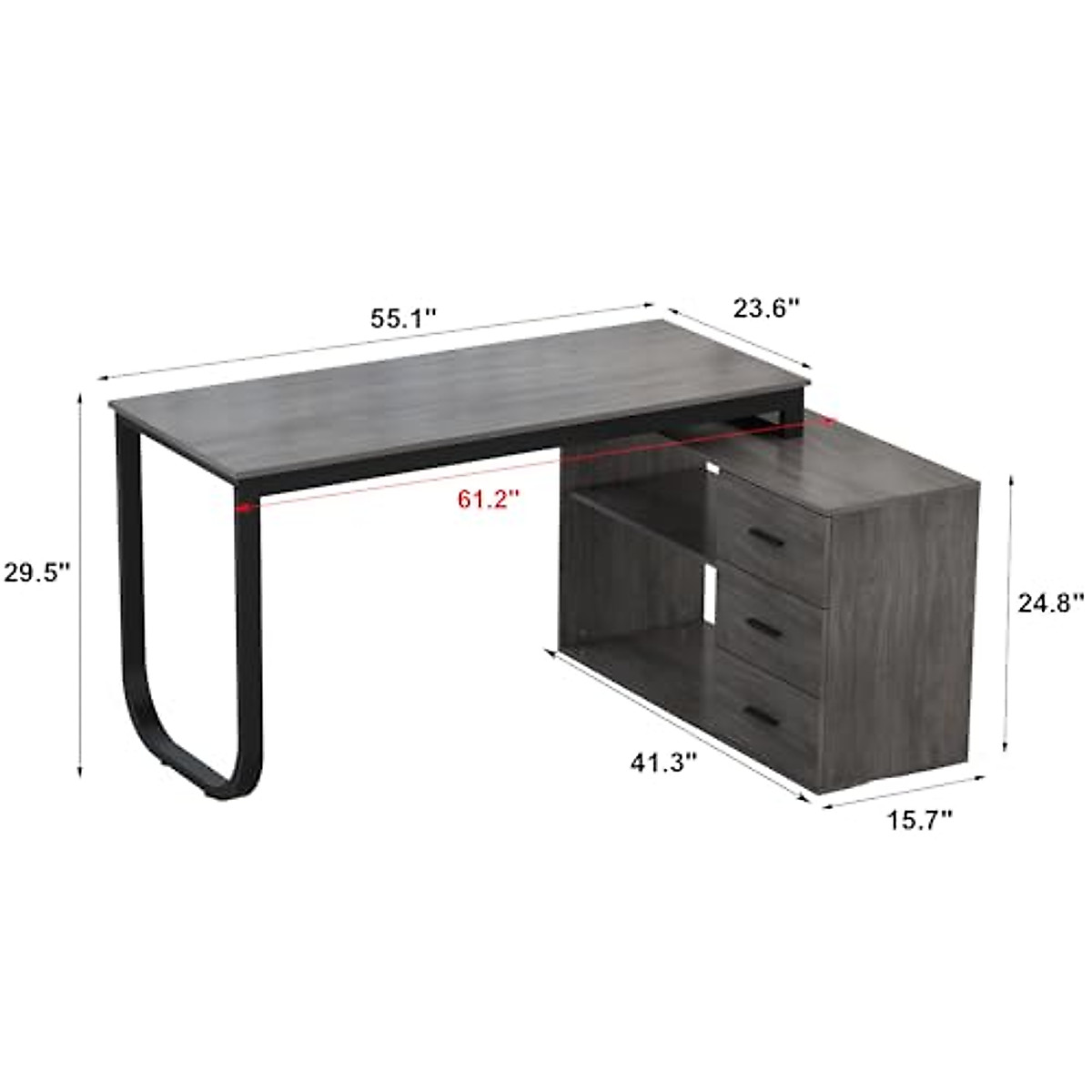 Homsee Home Office Computer Desk Corner Desk with 3 Drawers and 2 Shelves, 55 Inch Large L-Shaped Study Writing Table with Storage Cabinet - Dark Gray & Black