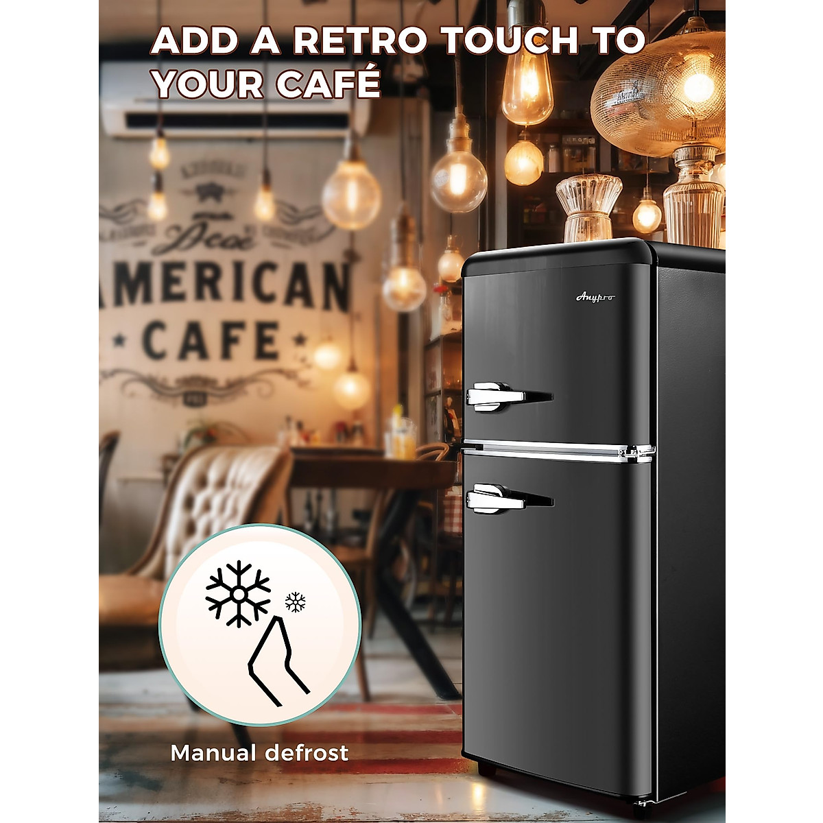 Anypro 3.2 Cu.Ft Compact Refrigerator Mini Fridge with Freezer, Retro Double Door Small Fridge with Freezer, 7 Level Thermostat & Removable Shelves, Small Refrigerator for Dorm, Office, Bedroom, Black