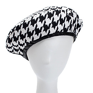 Qiabao Women's Luxury Houndstooth Pattern Beret Beanie Hat (Black/White)