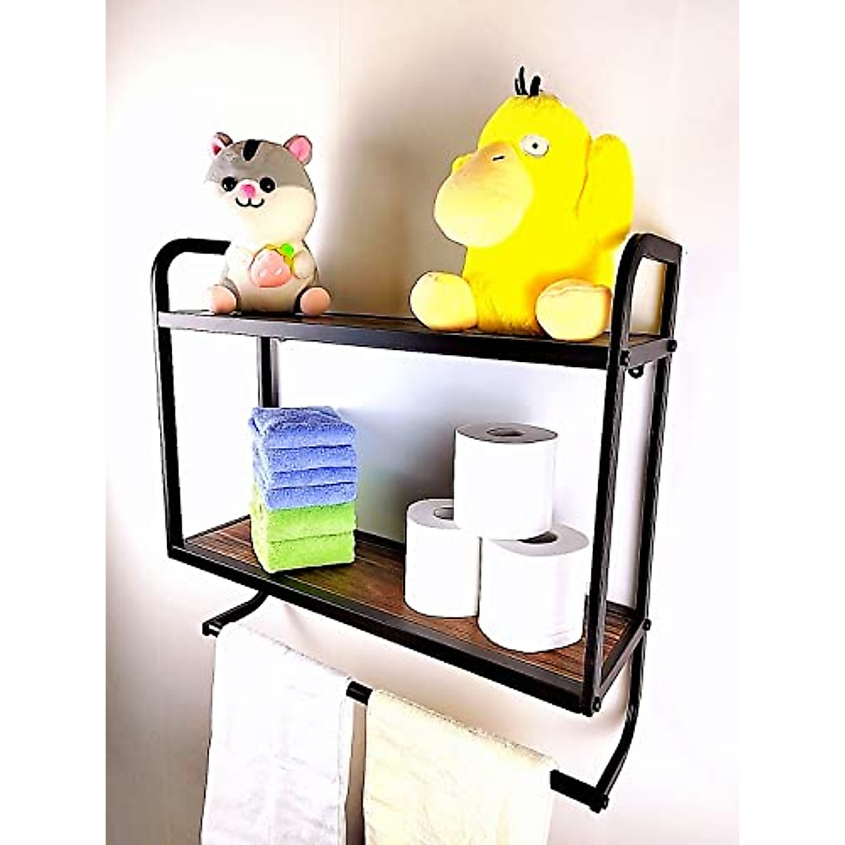 2-Tier Bathroom Shelves Wall Mounted,23.6"L x 7.87"W x 22.8"H, Rustic Wall Shelf Over Toilet,Towel Rack with Towel Bar,Utility Storage Shelf Rack, Floating Shelves Towel Holder,Retro Black