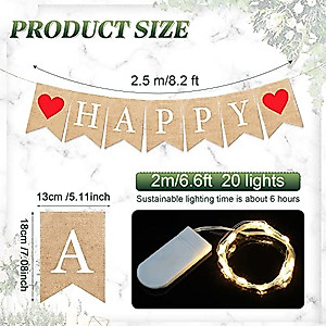 Breling 6 Pieces Burlap Happy Anniversary Banner Party Bunting Garland Decorations Wedding Decoration Supplies Hanging Red Heart Streamer with LED Lights, M