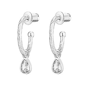PAVOI Rhodium Plated 925 Sterling Silver Post Dangle Huggie Hoop Earrings For Women - Trendy Pear Shaped Cubic Zirconia Drop Open Hoop Earrings - Small Hinged Hammered Huggies