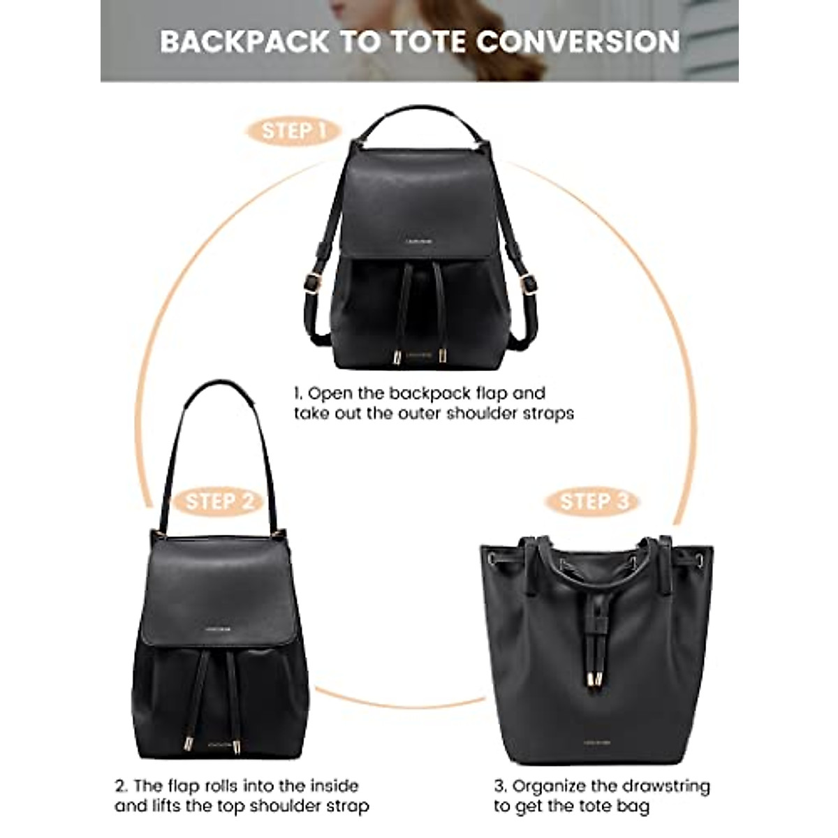LOVEVOOK Backpack Purses for Women, Tote Bag Convertible PU Leather Backpacks, Fashion Handbag Satchel Bags Casual Back Pack 14 Inch Laptop Backpacks 2PCS, Black