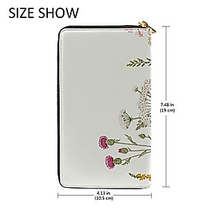 Seamless Floral Herbs and Wildflowers Botanical Pattern Leather Long Wallet Organizer with Zipper Purse Clutch Bag for Women Men Key Card Coin Passport Checkbook