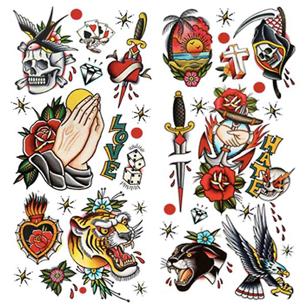 PUSNMI 120×260mm Classic Temporary Tattoo Sailor Jerry Temporary Tattoos for Women Men Cool Skull Tattoo for Arm Leg Face Lasting Mix Style Body Art Tattoos for Halloween Club