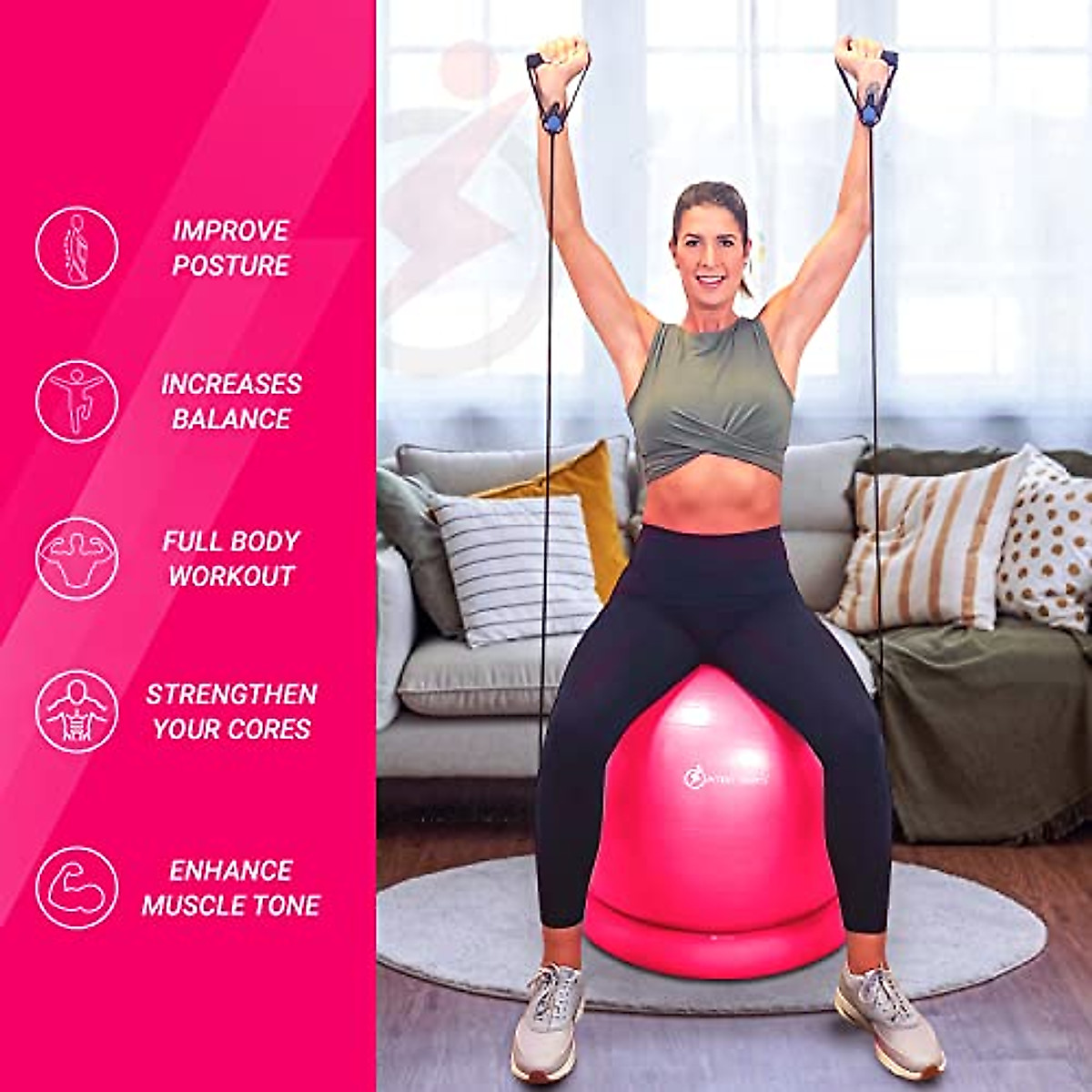 INTENT SPORTS Yoga Ball Chair – Stability Ball with Inflatable Stability Base & Resistance Bands, Fitness Ball for Home Gym, Office, Improves Back Pain, Core, Posture & Balance (65 Cm) (Pink)