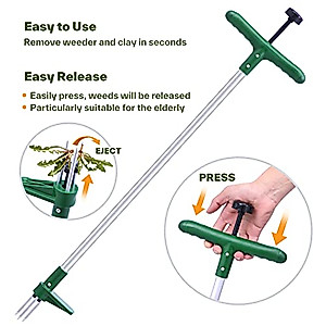 Ohuhu Stand-Up Weeder and Root Removal Tool with 3 Stainless Steel Claws, 39" Long Reinforced Aluminum Alloy Pole Manual Ruderal Remover Weed Puller Hand Tool with High Strength Foot Pedal